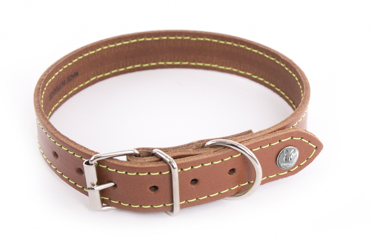 Collier cuir cognac coupé franc et couture fluo Jaune - FLASH