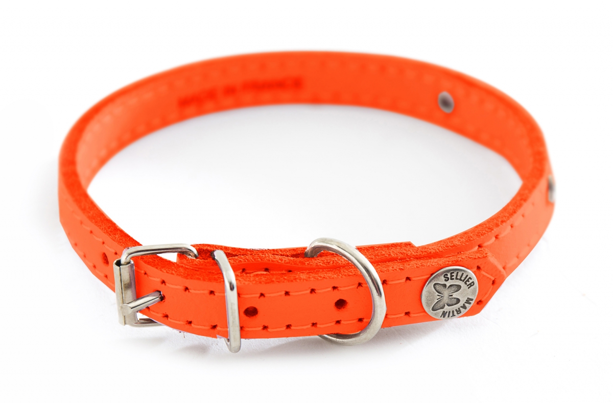 Orange leather dog collar - classic leather stitched with plate